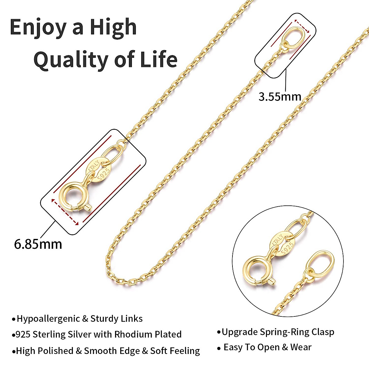 Jewlpire 18k Over Gold Chain Necklace for Women, 1.3mm Cable Chain Gold Chain for Women Sturdy & Shiny Women's Chain Necklaces, 20 Inches