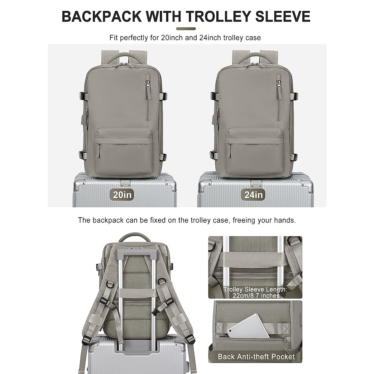 VGCUB Large Travel Backpack,Carry on Backpack for Women Men Airline Approved Gym Backpack Waterproof Business Laptop Daypack,White Brown