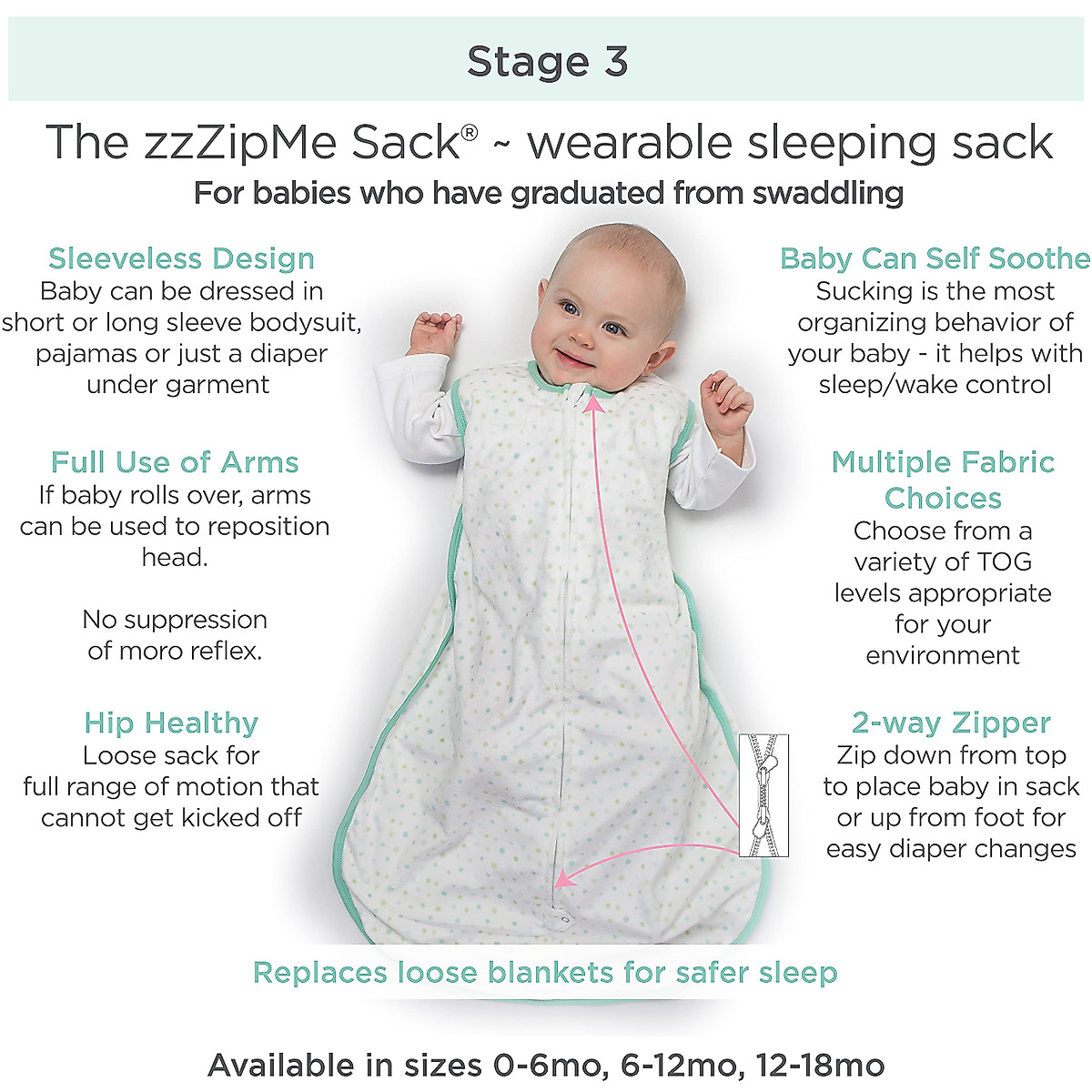 Amazing Baby Microfleece Sleeping Sack, Wearable Blanket with 2-Way Zipper, Use After Swaddle Transition, Playful Dots, SeaCrystal, Large 12-18 Month