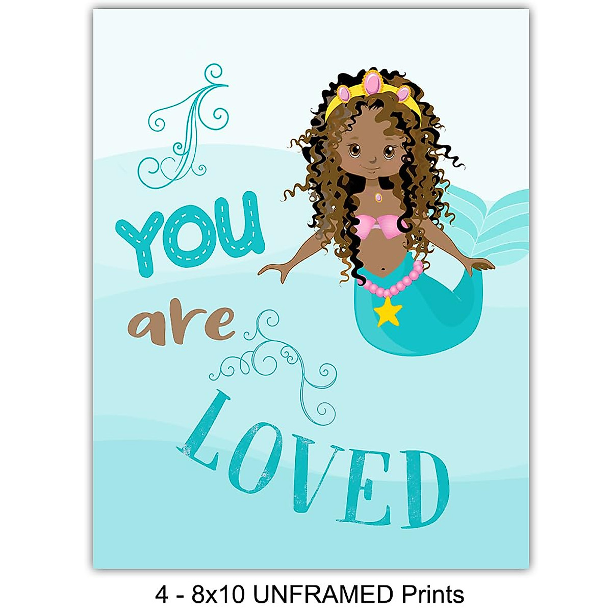 African American Girl Wall Decor - Black Art Poster Set 8x10 - Cute Mermaid Wall Decor - Toddler, Little Girls Bedroom Decor - Afro-American Gifts - Light Blue Room Decor Baby Girl Room Decorations
