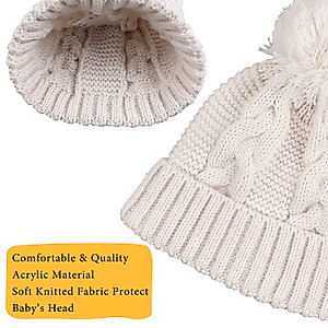 JANGANNSA Winter Knit Baby Hat Twist Warm Beanie for Boys Girls Infant Toddler Baby Beanie with Pompom (0-6 Months,Ivory White)