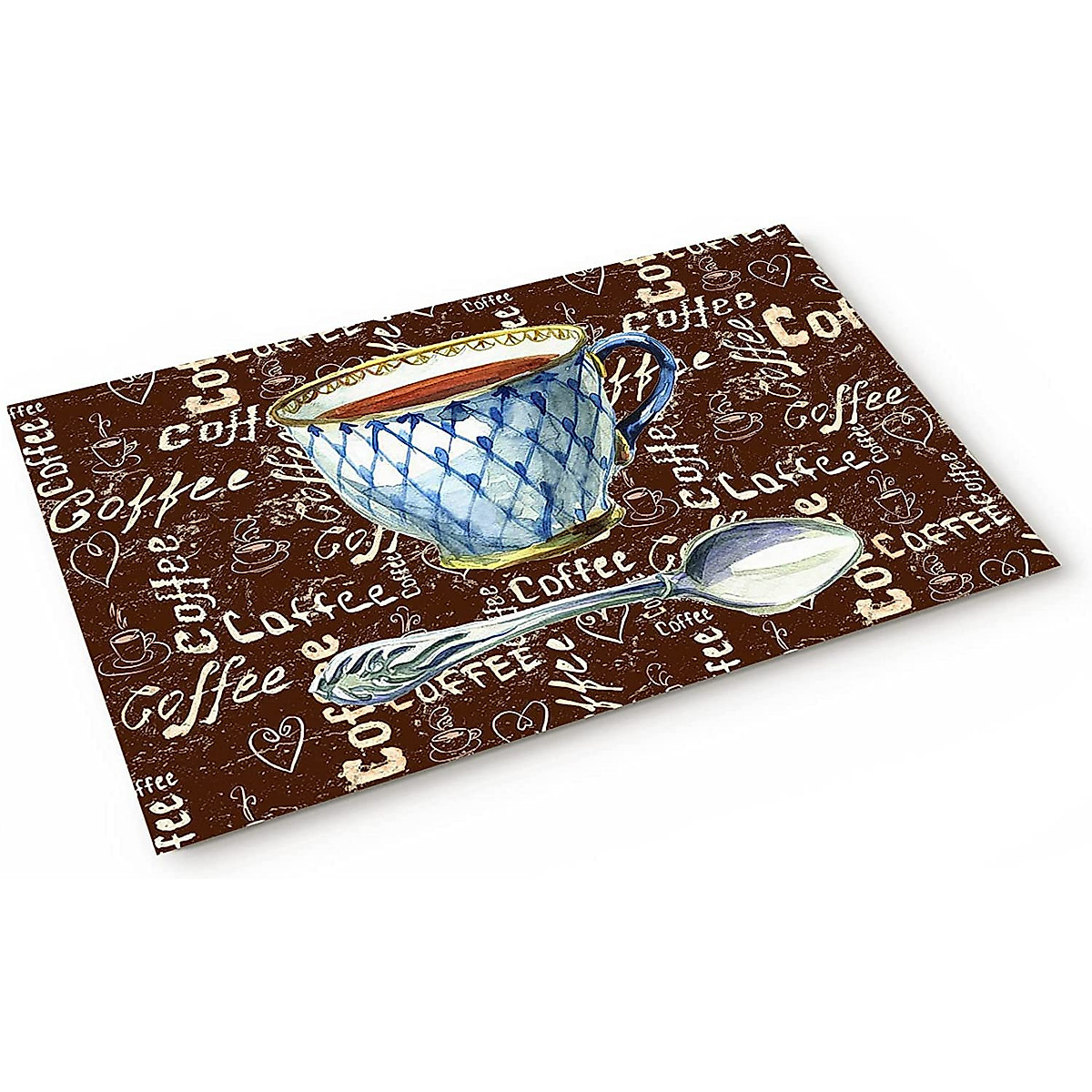 Low-Profile Plush Doormats 16x24in, Absorbent Cushioned Kitchen Door Mat Rug for Living Room, Bathroom and Stand-up Desks, A Cup of Coffee Sugar and Coffee Beans on Brown Entryway Carpet