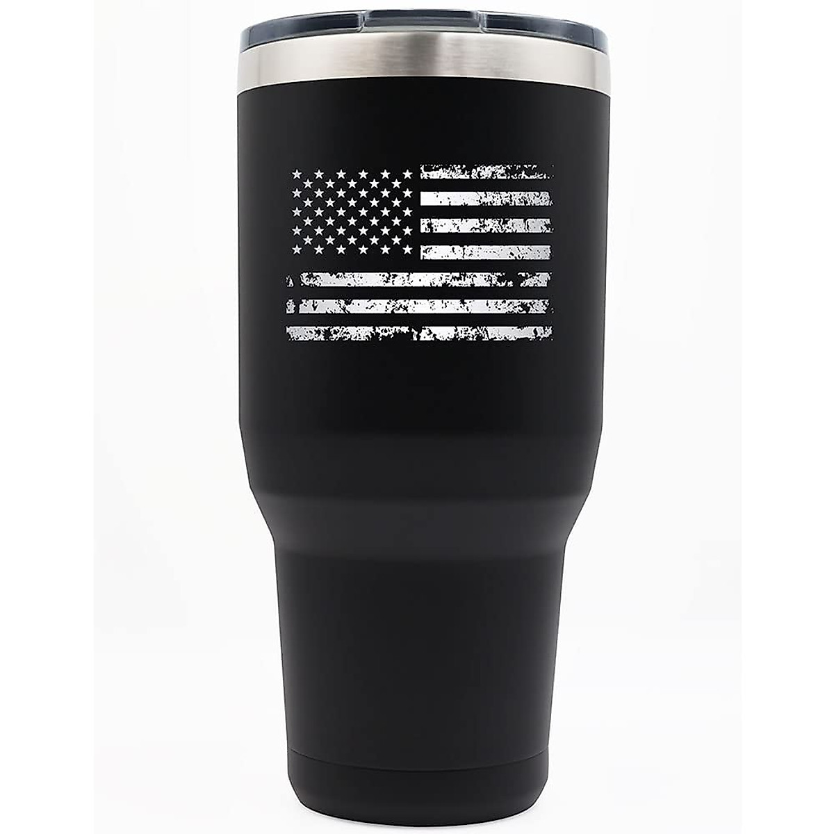 Yukon Outfitters Freedom High Grade 18/8 Stainless Steel Double Wall Vacuum Insulated Tumbler (40oz / 1183ml) - 8.8" H x 4.2" Top Dia. / 3" Bottom Dia., Black with 'Distressed USA Flag' Engraving