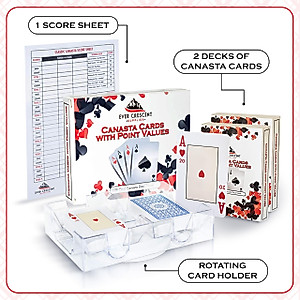 Ever Crescent Supplies Canasta Cards with Point Values, Tray and Score Pads Set. Includes 2 Deck of Cards, Revolving Holder, and 50 Scoring Sheets.
