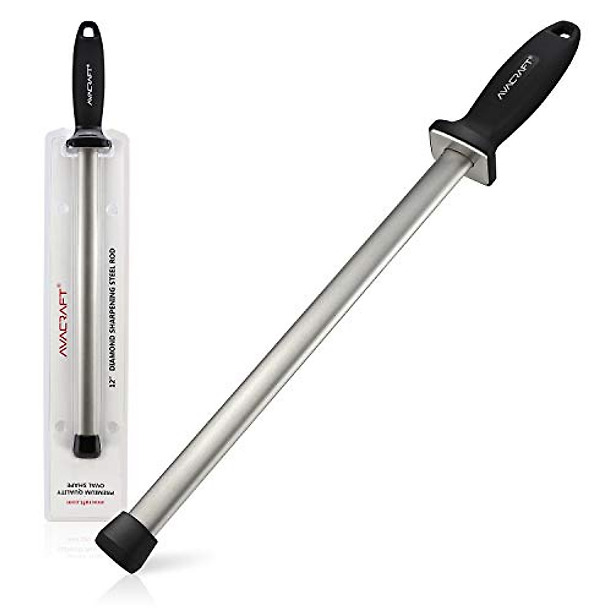 AVACRAFT 12 inch Knife Sharpener Rod, Diamond Steel Knife Honing Steel, Premium Knife Sharpening Steel, Oval shaped Honer, Ergonomic Handle for Firm Grip