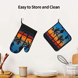 Sunset Beach Palm Tree Oven Mitts and Pot Holders Sets of 2, Non-Slip Cooking Hot Pads Washable Heat Resistant for Kitchen Microwave BBQ Baking Grilling