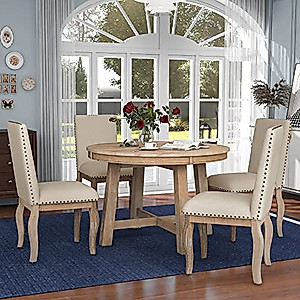 P PURLOVE 5 Pieces Dining Table Set Round Kitchen Extendable Dining Table with 4 Upholstered Chairs for Dining Room, Chair with Nail Head Trim, Bistro Table Set, Natural Wood Wash
