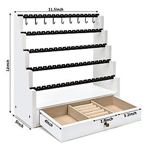 Pinzoveco Earring Organizer, 5 Layer Earring Holder Organizer with Necklace Holder Pole, Rustic Wood Jewelry Organizer Stand Display for Stud Earring Bracelet Necklace Ring, 175 Earring Holes
