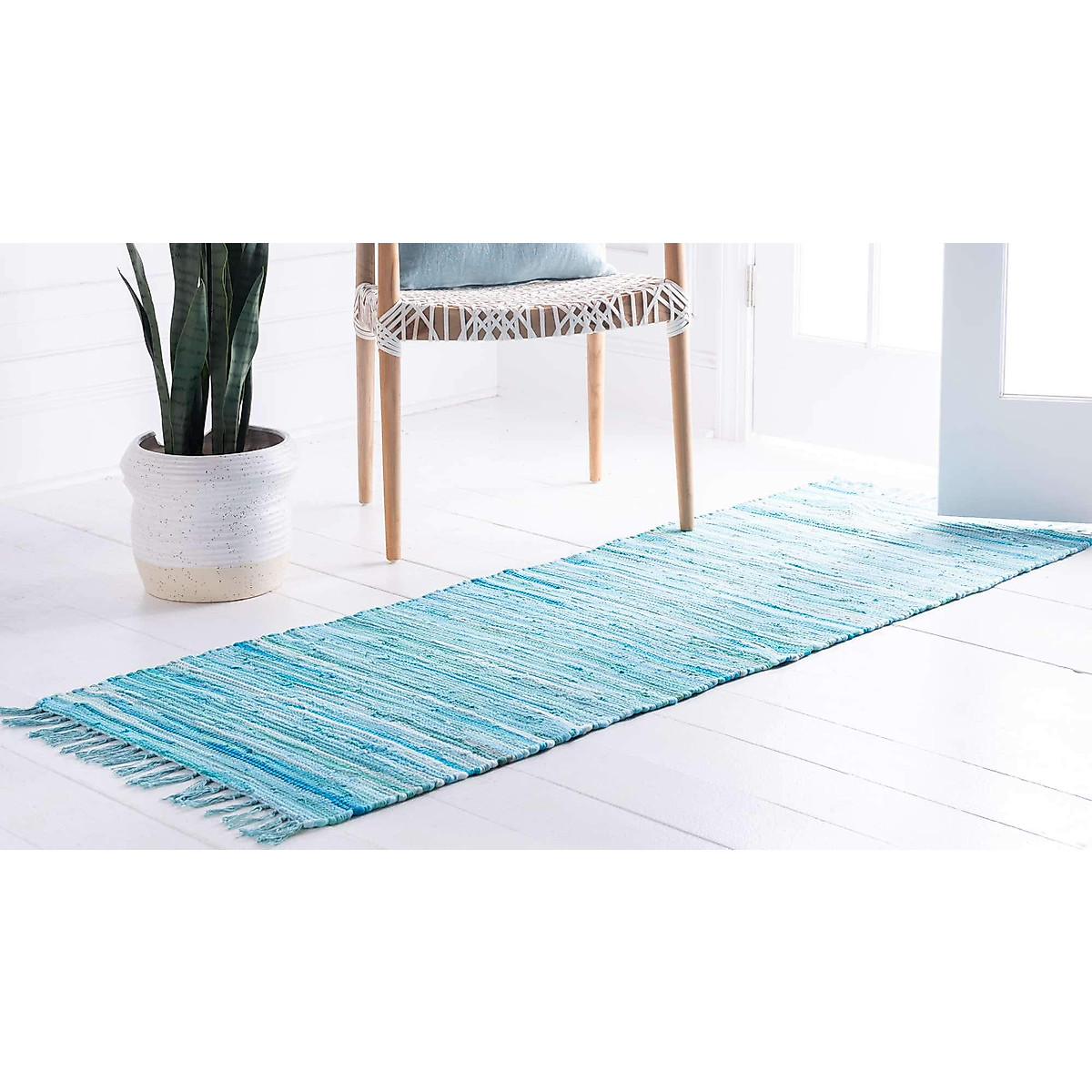 Unique Loom Chindi Cotton Collection Soft Hand Woven Natural Fiber Striped Area Rug, 2 ft 2 in x 6 ft 7 in, Turquoise/Ivory