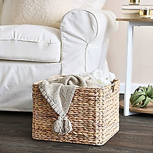 Household Essentials, White Wash Square Wicker Basket, Hyacinth Cube with Stainless Steel Handles, Intricate and Durable Weave, Sturdy Metal Frame