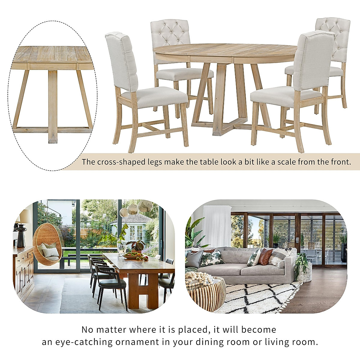 Lifeand 5-Piece Retro Functional Set, Round Table with a 16" w Leaf and 4 Upholstered Chairs for Dining Living Room,Natural