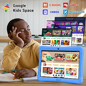 Kids Tablet, Contixo K102 10 Inch Kids Learning Tablet Bundle with $300 Disney E-Books, Kids Wireless Headphone and 10-inch Tablet Bag, with Kickstand and Stylus, Blue-Set