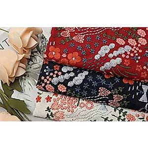 Floral Embroidered Cotton Linen Fabric, Red Floral Fabric,Japanese Fabric,Quilting Fabric,Designer Fabric,Dress Fabric by Yard,Daisy Fabric (Navy)