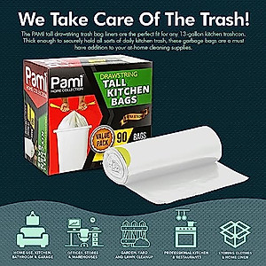 PAMI Tall 13-Gallon Kitchen Drawstring Trash Bags [90-Pack, White] - Extra-Strong Plastic Garbage Bags- Thick Trash Can Liners For Kitchen, Bathroom & Outdoor Bins- 2ft x2ft Unscented Trash Bags