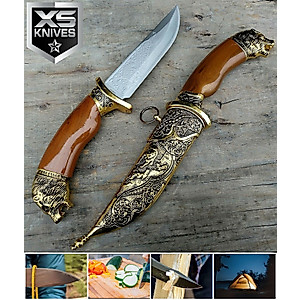 11" Bear Head Golden Fixed Blade Collectors Survival Hunting Knife W/Decorative Sheath by Survival Steel