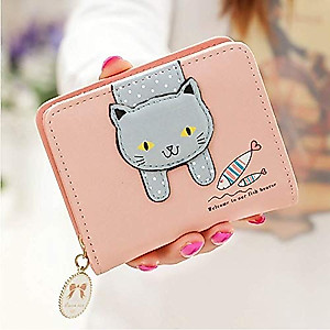 Ecohaso Wallets for Girls Women Purses for Teens Cute Cat Wallet Kitty Pattern Clutch Purse Coin Holder Card Organizer (Pink)