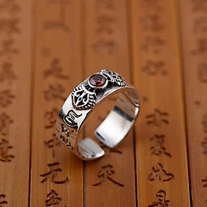 Pure Silver Ring, Buddhism six true word ,Sterling Silver 925 , Natural Garnet Gemstone, Adjustable open ring, Retro Folk style, unisex ring
