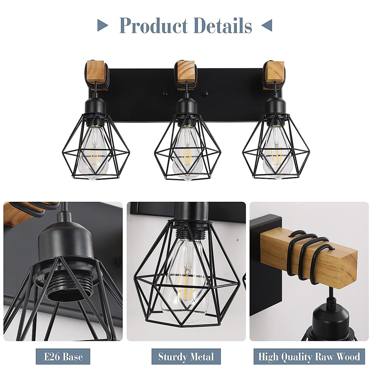 Farmhouse Vanity Light for Bathroom, 3-Light Wood Bathroom Vanity Light Fixtures Over Mirror, Rustic Sconces Wall Lighting with Metal Lampshade for Living Room, Bedroom, Hallway