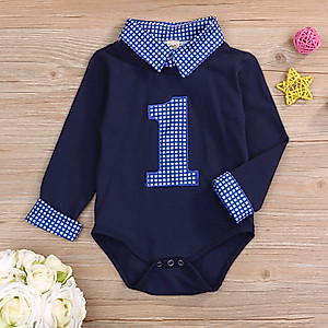 Baby Boy First Birthday Clothes Plaid Stand Collar Long Sleeve Romper Jumpsuit Cake Smash Outfit (Navy Blue, 15 Months)