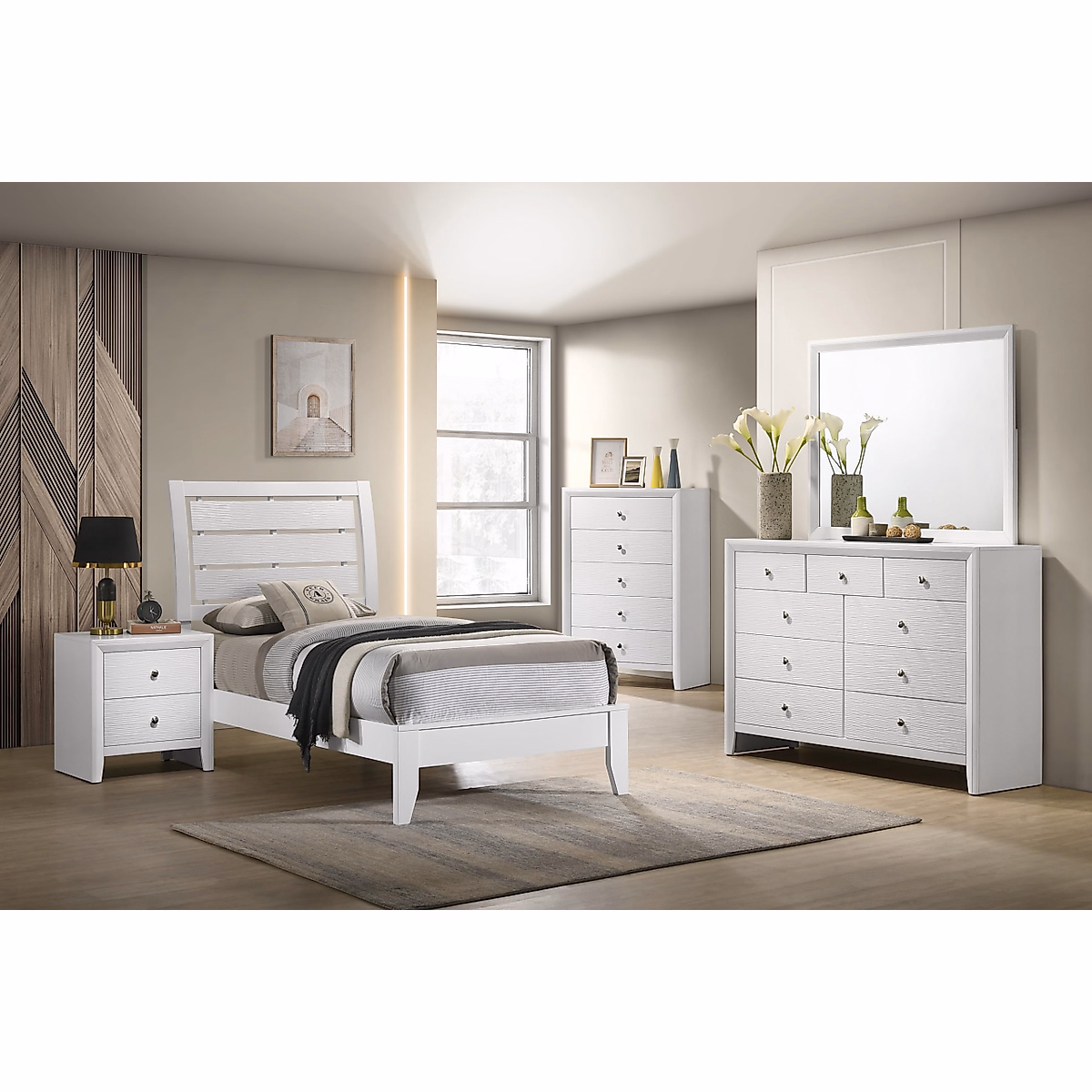 GOWE 1pc Twin Size White Finish Panel Bed Geometric Design Frame Softly Curved Headboard Wooden Youth Bedroom Furniture