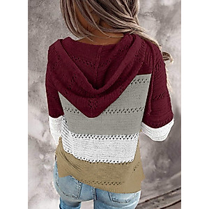 Vemodoo Women Hoodies Long Sweater Women's Color Block Knit Hoodies Sweaters V Neck Drawstring Lightweight Pullover Sweatshirts Red XX-Large