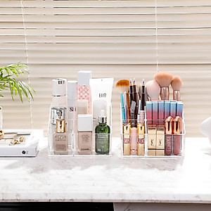 Yesesion Clear Makeup Organizer with 5 Compartments, Plastic Bathroom Counter Storage for Skincare, Toothbrush, Cosmetics Brushes, Palette, Lipsticks, Hair Accessories Holder for Vanity Dresser