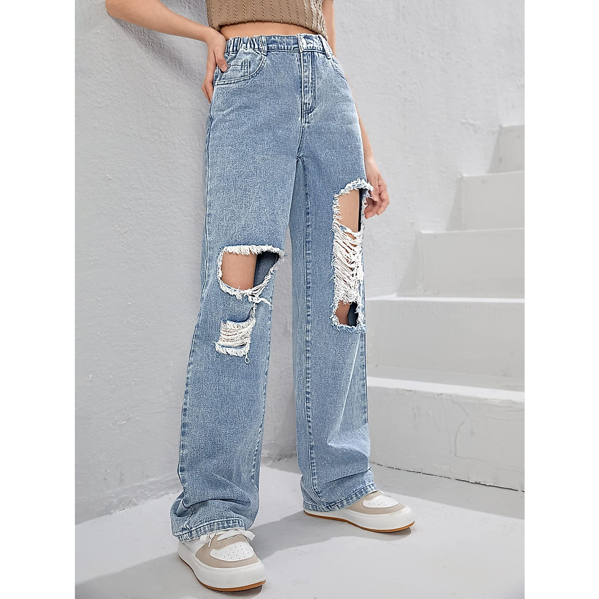 Verdusa Girl's Casual Distressed Ripped Elastic Waist Wide Leg Denim Pants Jeans Light Wash 14Y