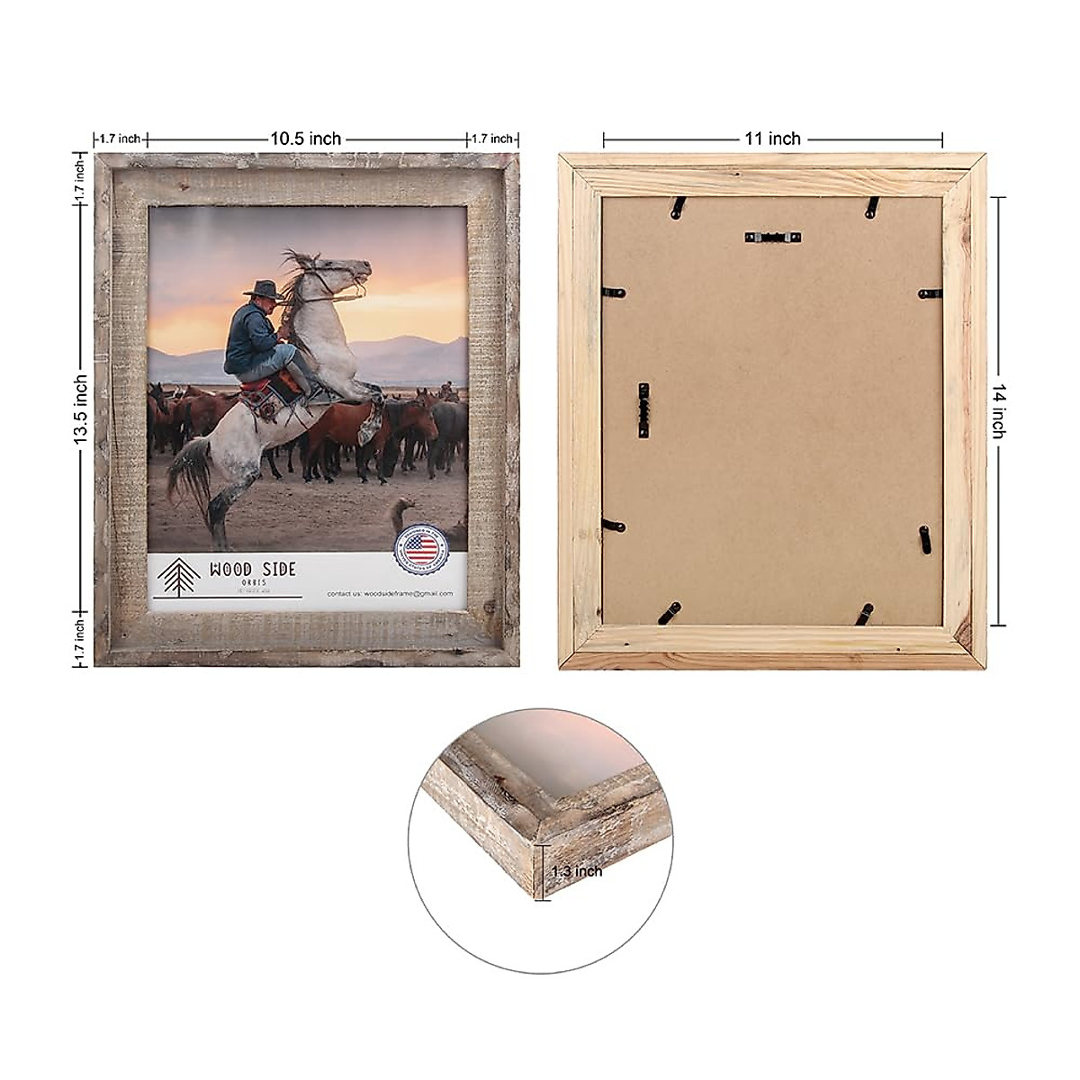 Rustic Barnwood Picture Frames 11x14 - Natural Reclaimed Wood Real Glass Wall Hanging - Handcrafted Vintage Distressed, 1 3/4" Frame Width