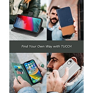 TUCCH Case Wallet for iPhone XR, Stand PU Leather Folio RFID Blocking Credit Card Slot [Wireless Charging] Flip Phone Cover TPU Shockproof Interior Case Compatible with iPhone XR 6.1, Midnight Green