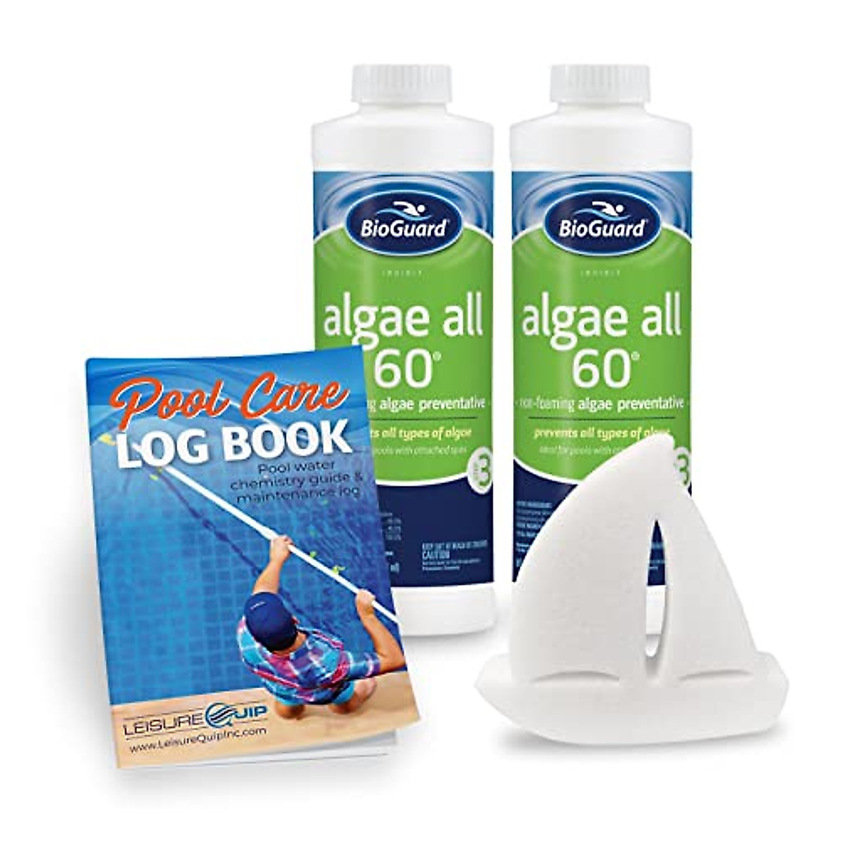 BioGuard Algae All 60 Swimming Pool Algaecide 2 Pack with LeisureQuip ScumBoat Scum Absorber and LeisureQuip Pool Log Book