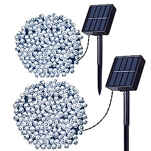 LJLNION 2 Pack Solar Powered Outdoor Decorative String Lights, 200 LED Each Christmas Lights, 8 Lighting Modes & Memory Function, Waterproof for New Year Wedding Party Patio Garden Decor, Cool White