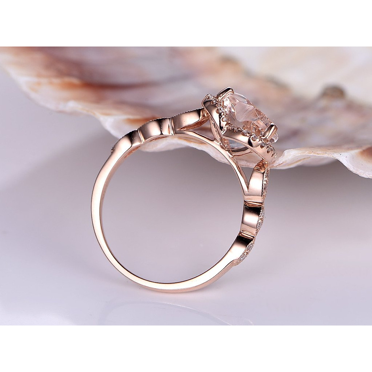 3pcs 14k Rose Gold Engagement Ring Set,8mm Heart Shaped Pink Morganite Halo Vintage Diamond Bridal Band
