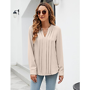 Blooming Jelly Women's Dressy Casual Blouses Business Work Tunic Tops Cute Long Sleeve V Neck Pleated Shirts 2025 Fall Outfits (Apricot,Small)