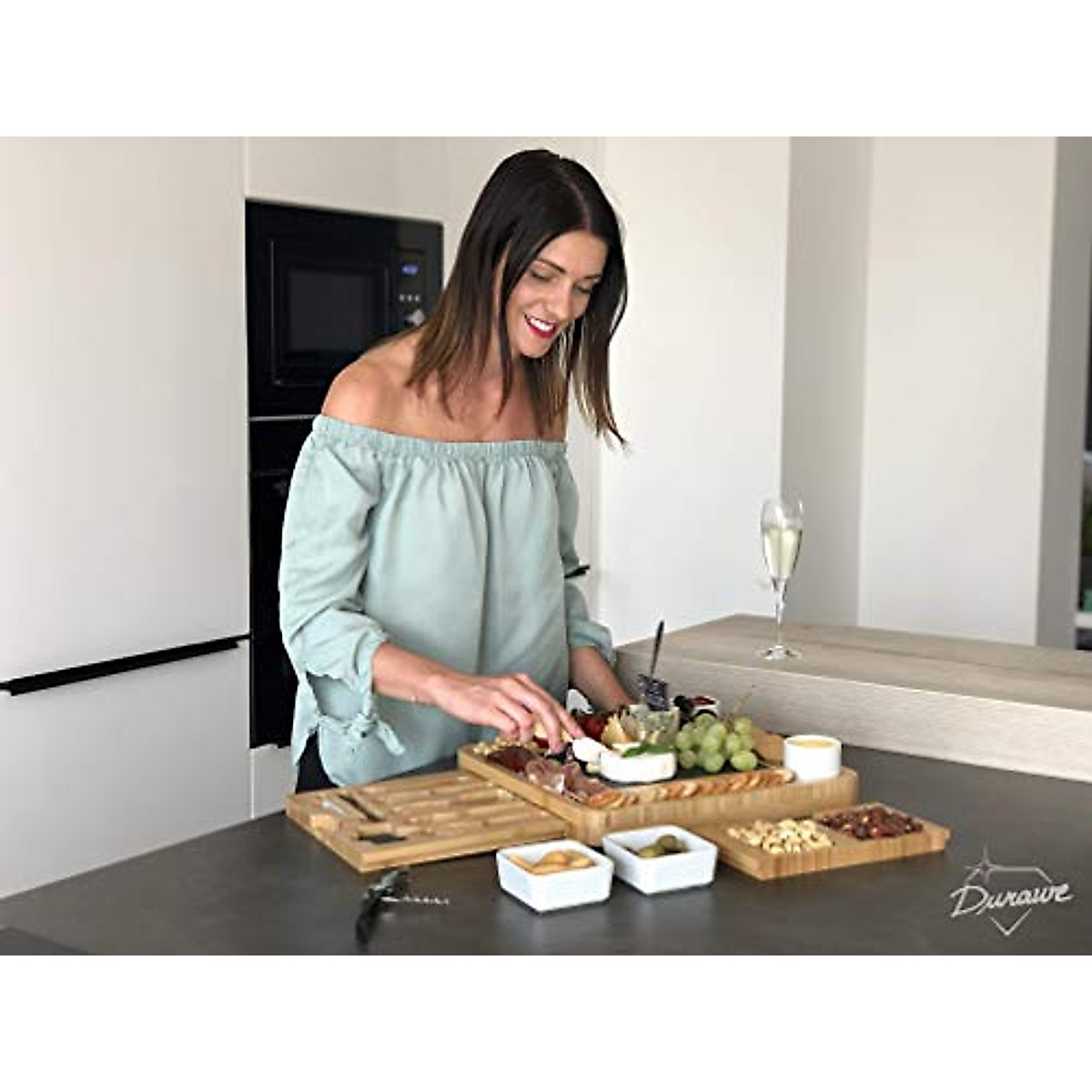 Bamboo Cheese Board and Knife Set Ceramic Bowls Wine Opener - 100% Organic Wood Serving Tray Charcuterie Board Perfect Choice for Gourmets, Birthday Presents, Wedding Gifts, Mothers & Housewarming