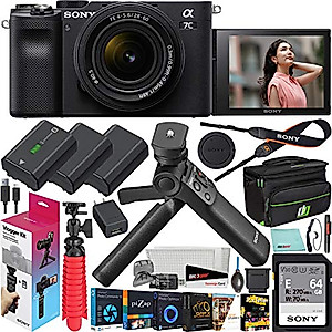 Sony a7C Mirrorless Full Frame Camera Body with 28-60mm F4-5.6 Lens Black ILCE7CL/B Bundle + Vlogger Kit ACCVC1: GP-VPT2BT Shooting Grip w. Wireless Remote + 2X Battery + Deco Gear Bag & Accessories