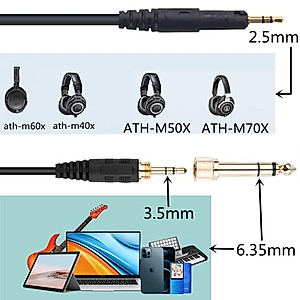 Saipomor ATH-M70x Audio Cable Coiled Replacement 3.5mm/6.35mm to 2.5mm Male AUX Extension Cords Compatible with Audio Technica ATH-M50x ATH-M40x ATH-M60X Headsets