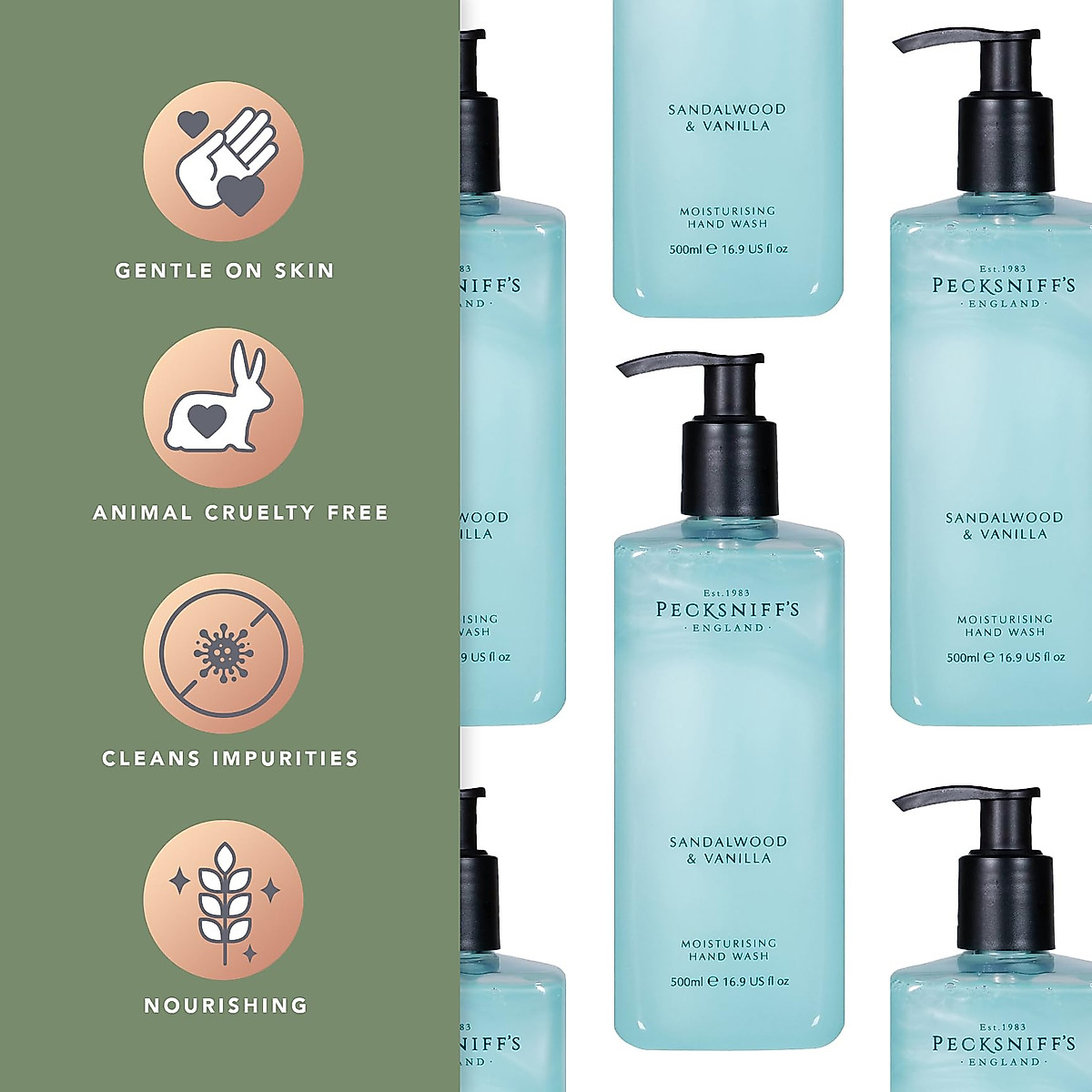 Pecksniff's Moisturizing Hand Wash - Vitamin B Enriched, Natural & Gentle Cleanser, Luxurious Hand Wash 500ml/16.9 fl oz (Sandalwood & Vanilla)