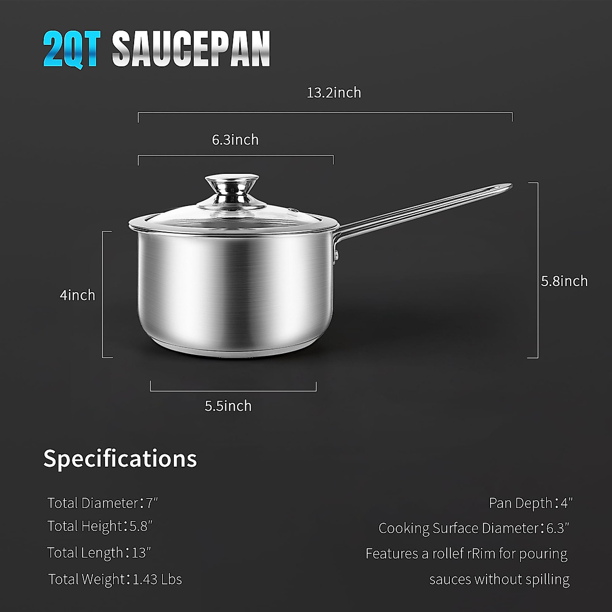AuFranc® 2 Quart Tri-ply Stainless Steel Saucepan with Glass Lid, Induction Sauce Pan Compatible with All Cooktops, Non-Toxic Sauce Pot with Stay Cool Handle, Oven & Dishwasher Safe (Silver)