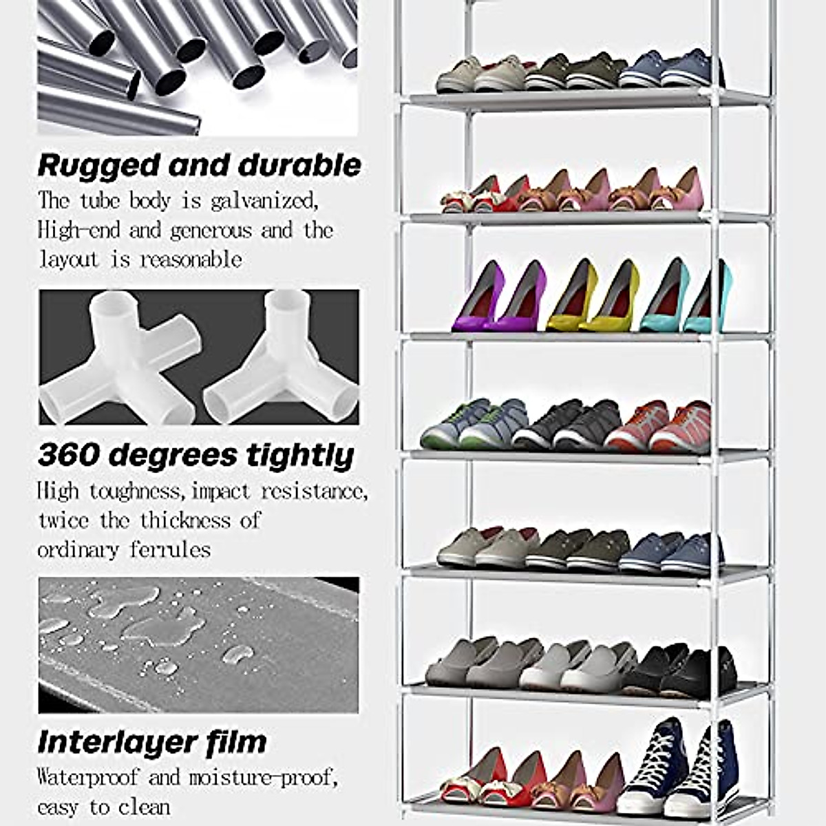 Mekek Free Standing Shoe Racks, Shoe Rack Organizer 9 Tier - Portable Row Shoe Rack Shelf Cabinet Tower for Closet with Nonwoven Fabric Cover (Gray)