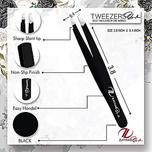 Slant Tip Tweezers - Professional Eyebrow Stainless Steel Tweezers - Best Precision Tweezers for Eyebrows - Splinter Tweezers for Facial Hair Removal for Daily Beauty Routine. (Black)