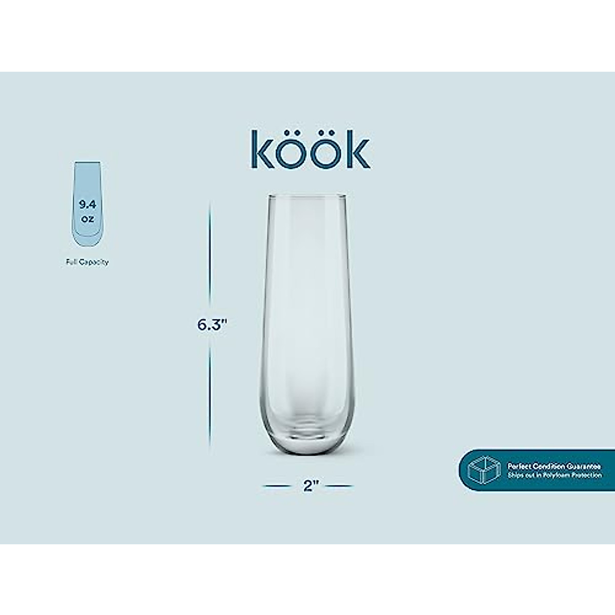 KooK Stemless Glass Champagne Flutes, Cocktail Cups for Rose, Prosecco, Mimosa, Great for Weddings and Parties, Dishwasher Safe, 9.4 oz, Set of 8