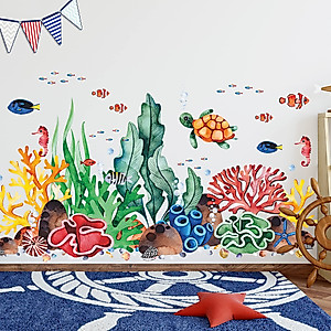 Creative Removable 3D Under The Sea Wall Sticker Ocean Life Coral Grass Wall Decal Peel and Stick Fish Sea Turtle Whale Wall Decor for Kids Bedroom Bathroom Nursery Living Room Wall Corner Decoration
