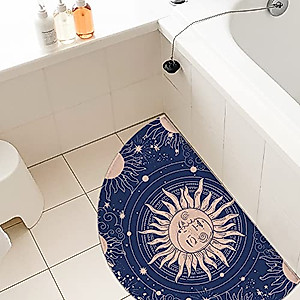 Cinbloo Retro Boho Mandala Semi-Circular 32x20 Inch Bathroom Rugs Creative Abstract Fantasy Blue Sun and Moon Tarot Door Mats Non Slip Area Rugs Soft Wool Floor Carpet for Entrance Way Home Decor