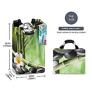Zen Basalt Stone Bamboo and Blossom Flowers Collapsible Laundry Basket Fabric Laundry Hamper Foldable Clothes Bag Folding Washing Bin for College Student