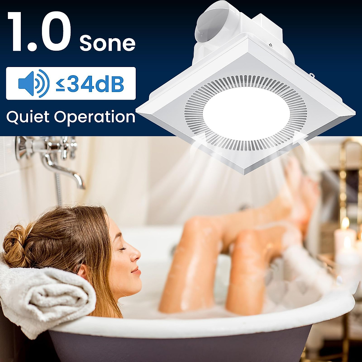 Hon&Guan Bathroom Exhaust Fan with Light, Quiet Square Bathroom Vent Fan with Adjustable LED Light 3000K/4500K/6500K, 110 CFM, 1.0 Sones, Bathroom Fan with Light for Home Bath Hotel