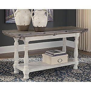 Signature Design by Ashley Havalance Farmhouse Sofa Table, Flip Top Design for Additional Dining Space and Fixed Lower Shelf, Gray & White with Weathered Finish