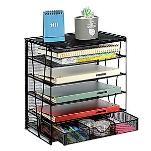 Samstar Letter Tray Organizer, 5-Tier Desk File Organizer Paper Sorter Letter Shelf Rack with Sliding Drawer, Black