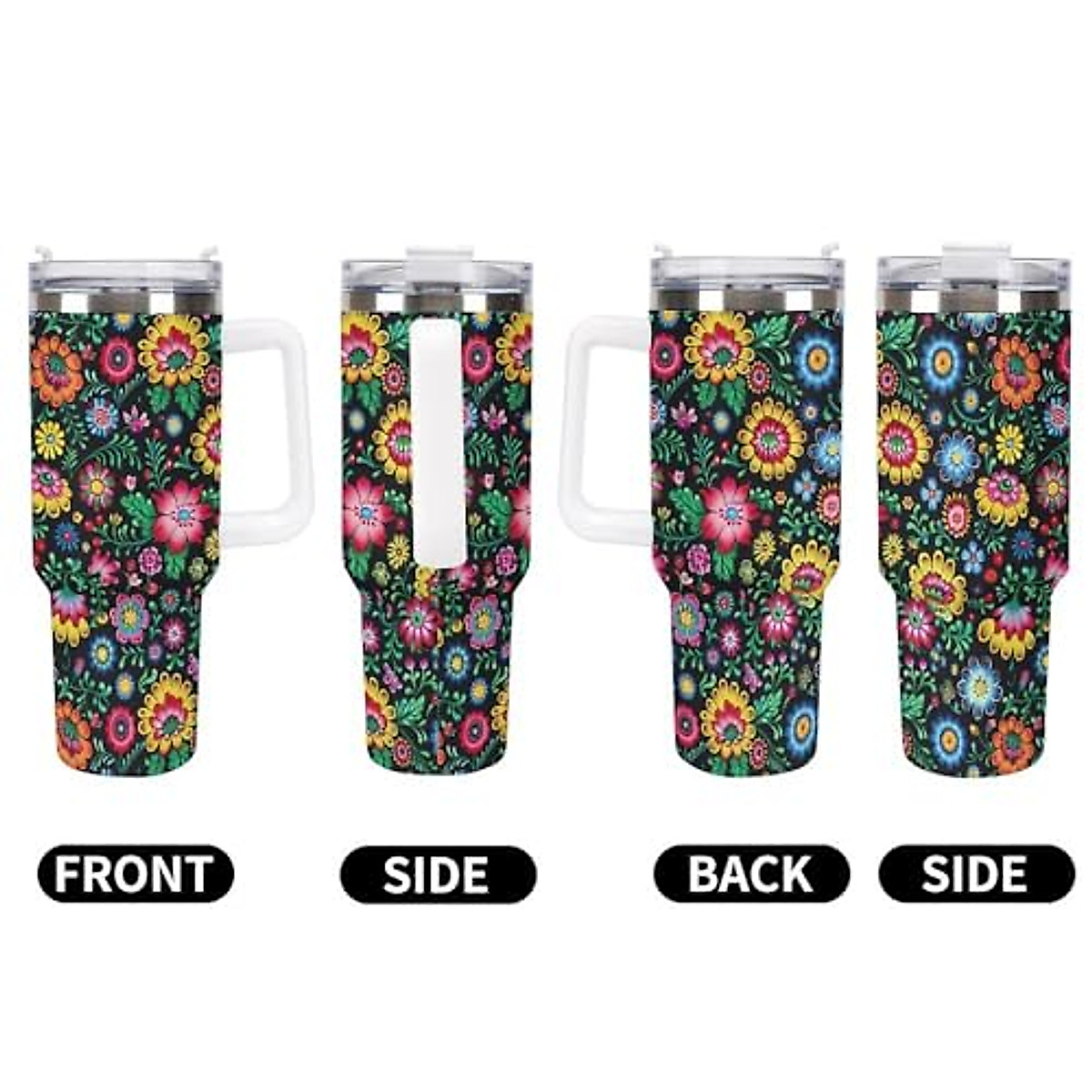 Polish Folk Art Floral Pattern 40OZ Tumbler Stainless Steel Travel Mug Water Bottle Car Cup Tea Cups with Lid White-style