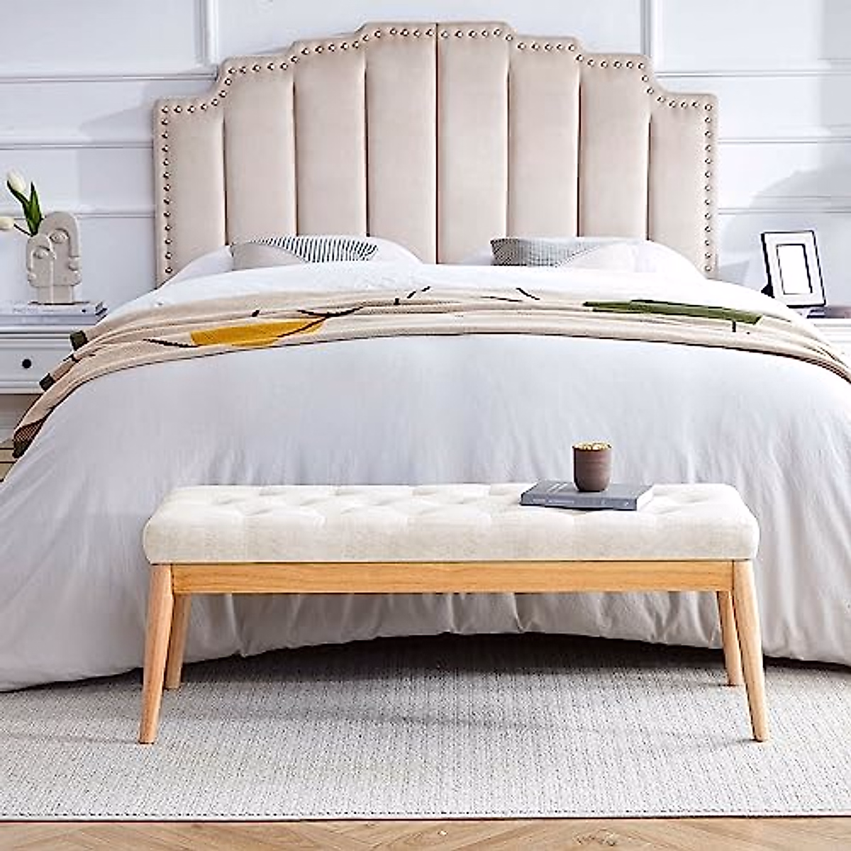 Tbfit Extra-Long Upholstered Tufted Bed Bench Seat for Bedroom, Entryway Wood Bench with Sturdy Wooden Legs, Buttoned Vanity Rectangle Dining Bench(Beige)