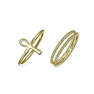 Religious Stackable Minimalist 14K Gold Plated .925 Sterling Silver Egyptian Ankh Cross Ring Set 1MM Enhancer Cable Band